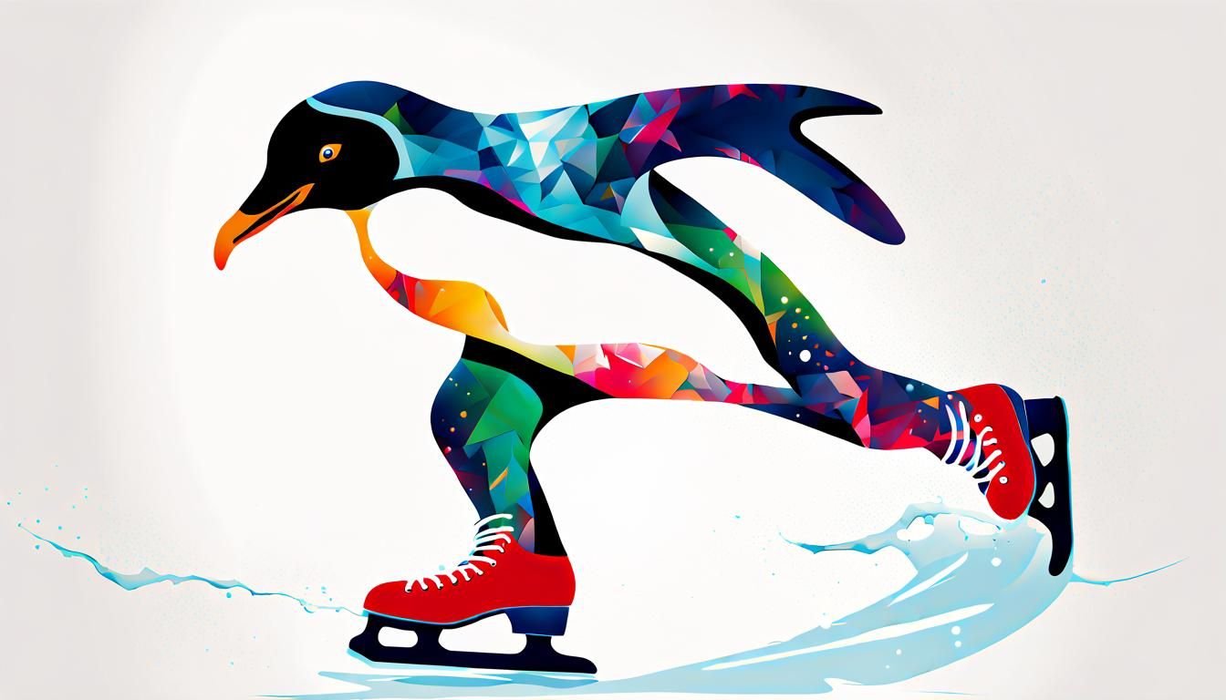 Graceful and elegant penguin with ice skates on, ice skating indoors in ...