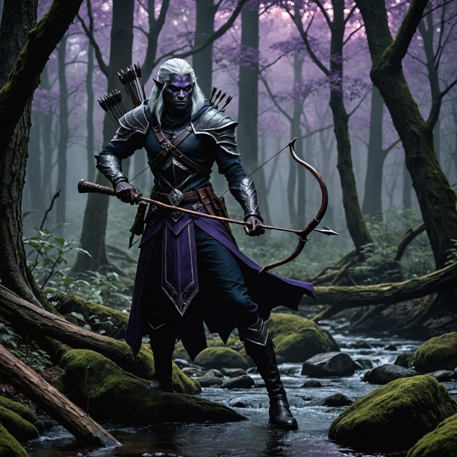 A drow ranger is standing in a dark fantasy wood with old trees and a ...