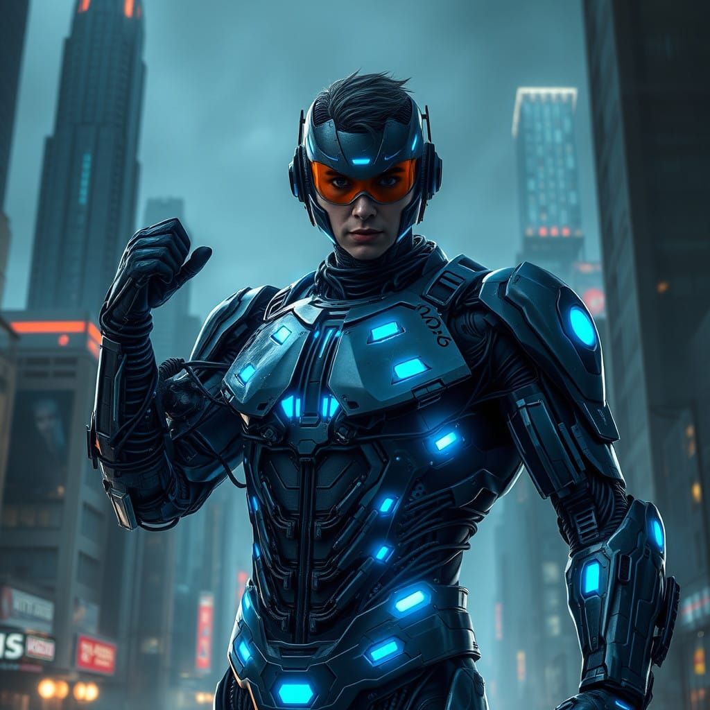 Cyberpunk Superhero in Biomechanical Suit, Set Aga... - AI Art