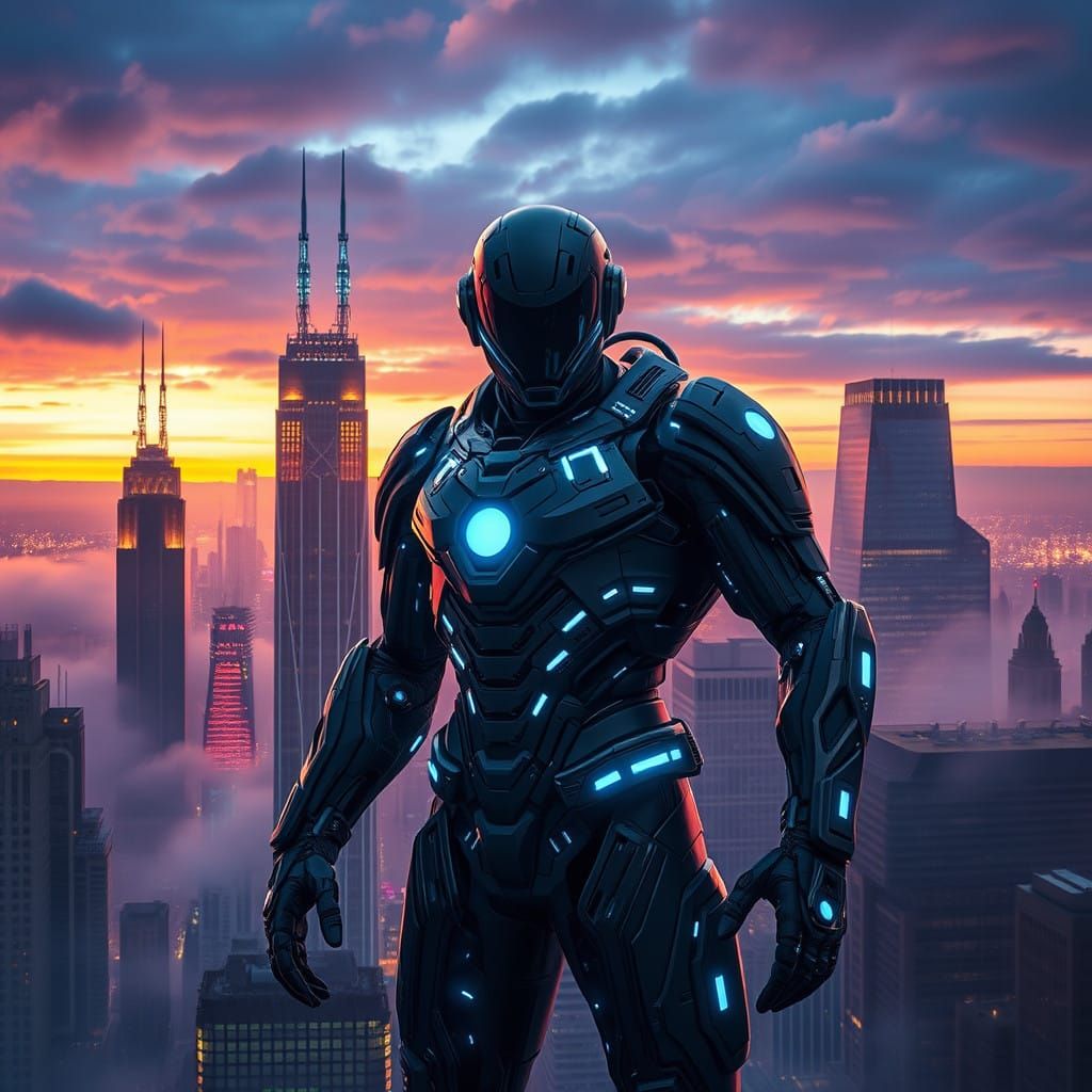 Bio Mech Suit Hero in Gritty Futuristic Cityscape - AI Art