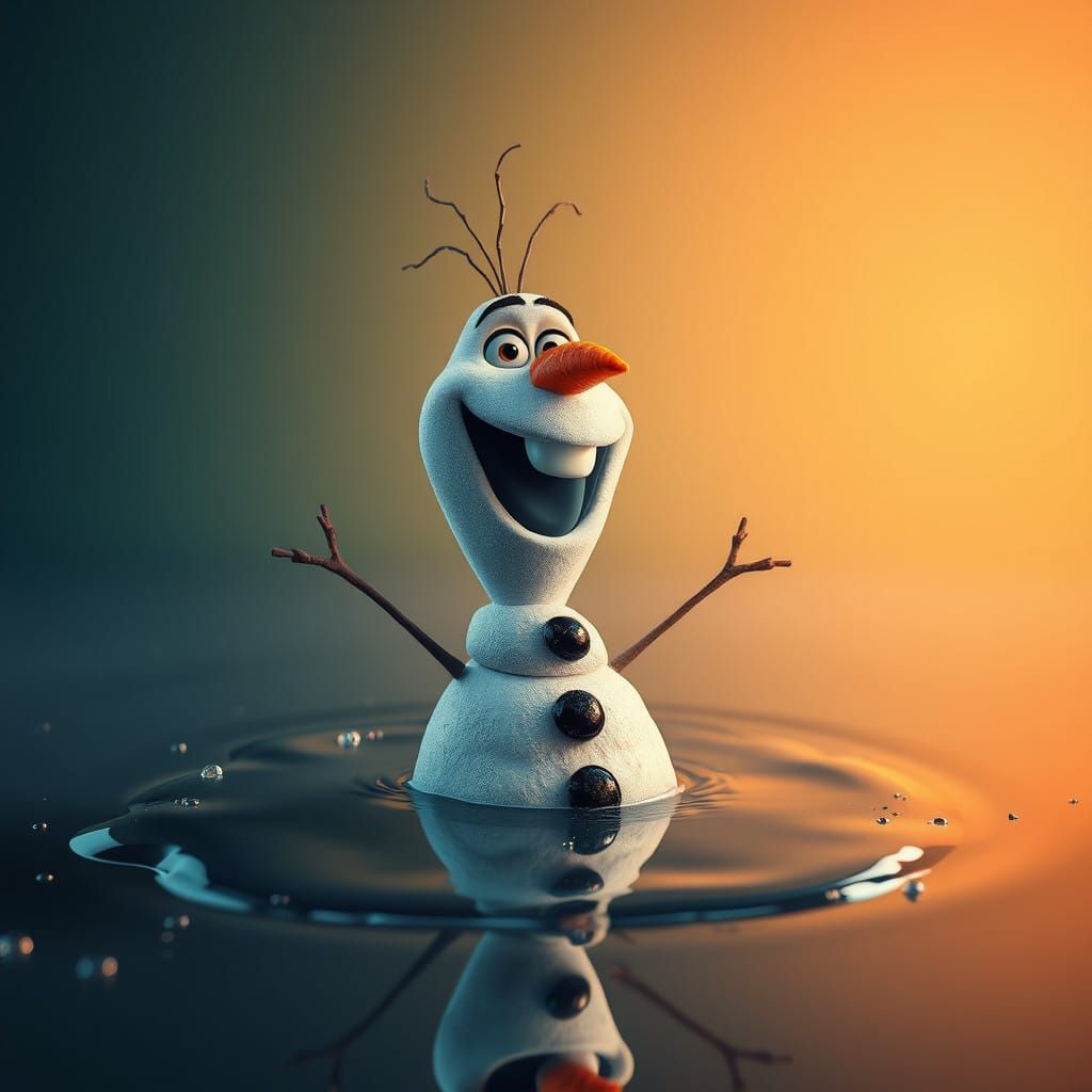 cute adorable happy snowman Olaf melting into a puddle of clear water,