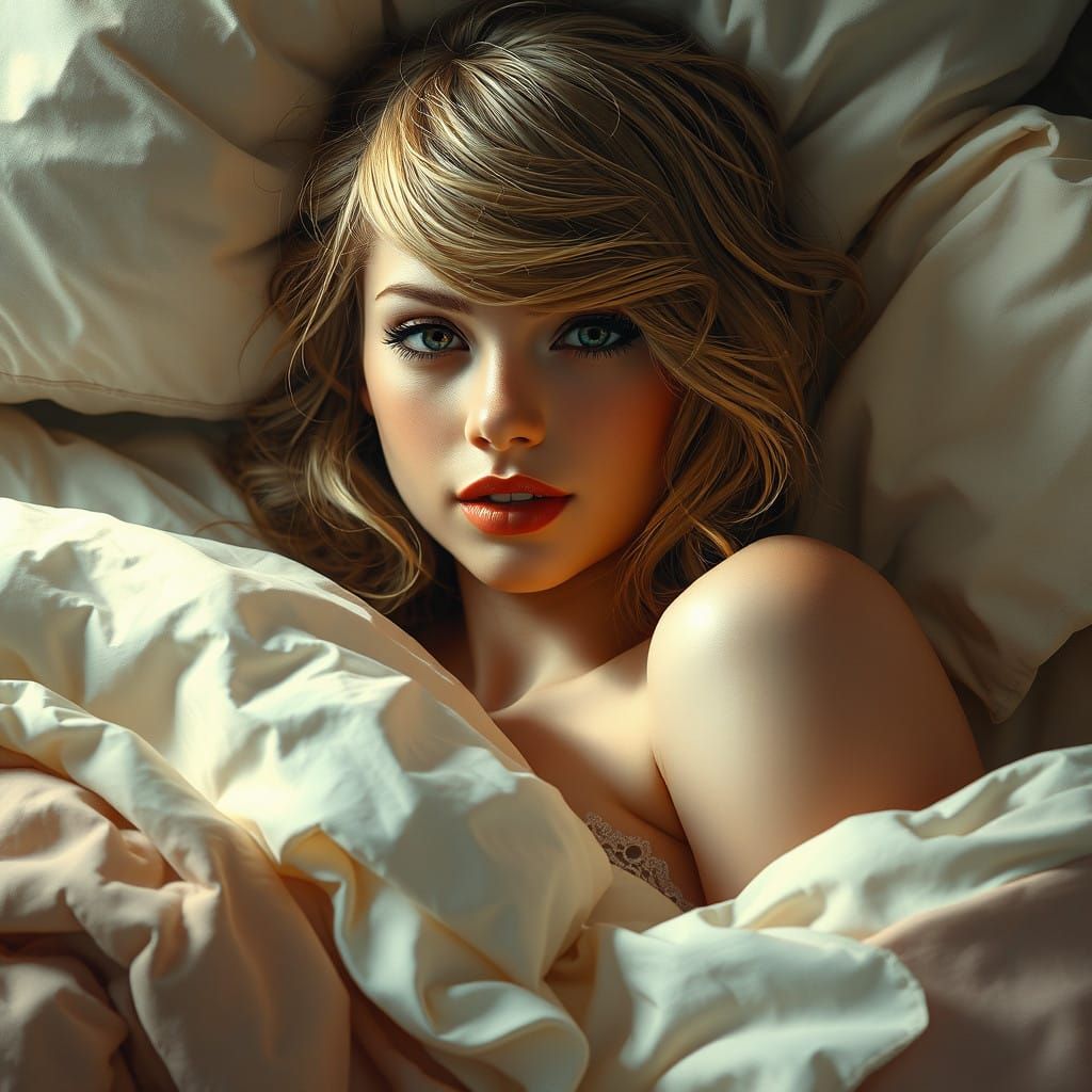 Taylor Swift in bed - Serene Portrait of Taylor Swift in Sof...