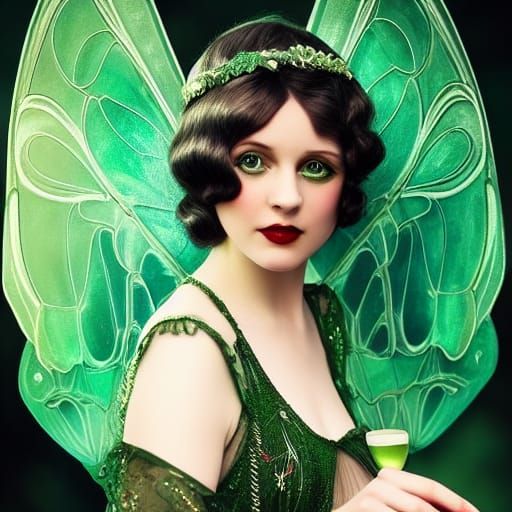 A beautiful green fairy, offering the viewer a glass of absinthe. 1920 ...