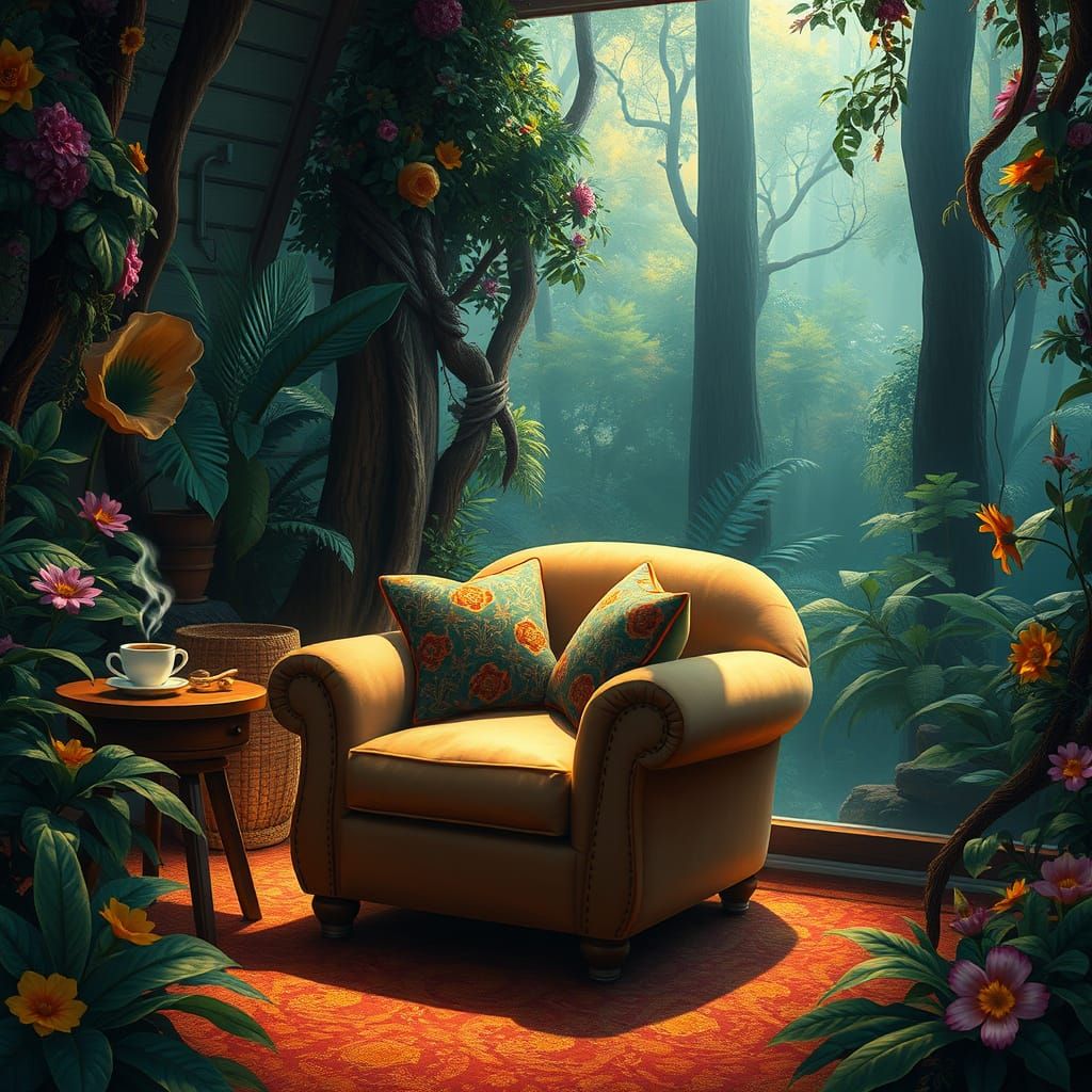 Cozy Forest Oasis in Warm, Inviting Light - AI Art