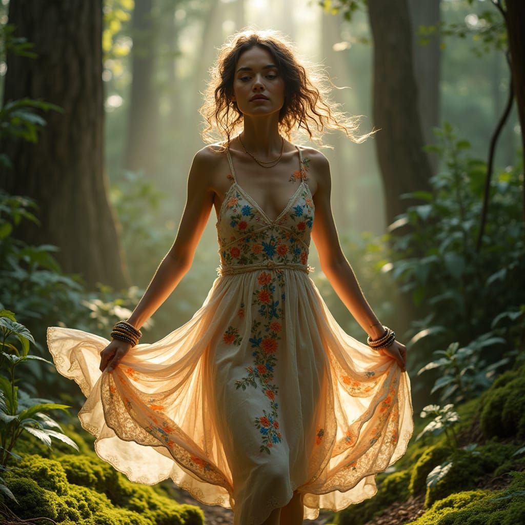 Beautiful woman dancing in a luscious forest
