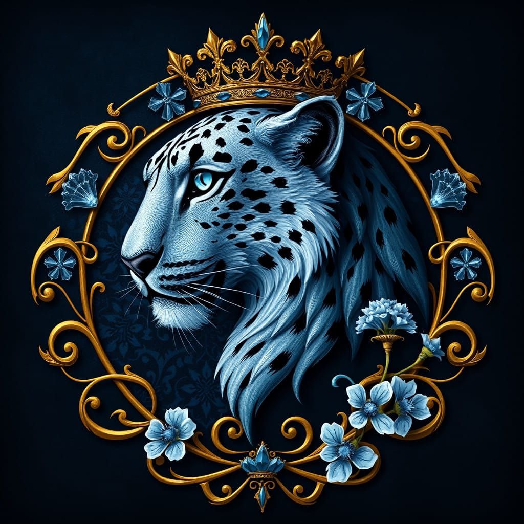 Regal Snow Leopard Heraldry in Midnight Blue - AI Art