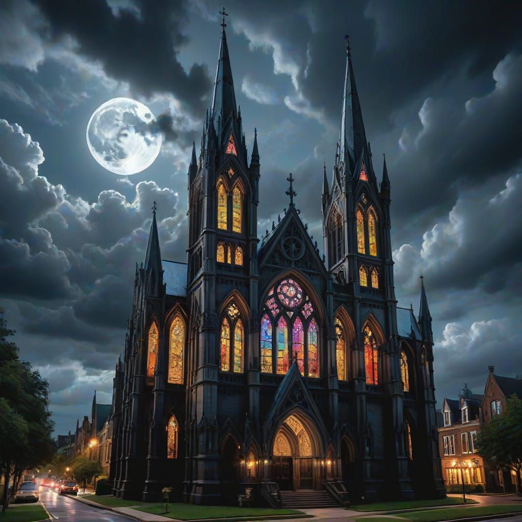 Gothic Cathedral Under Moonlit Sky with Vibrant St... - AI Art