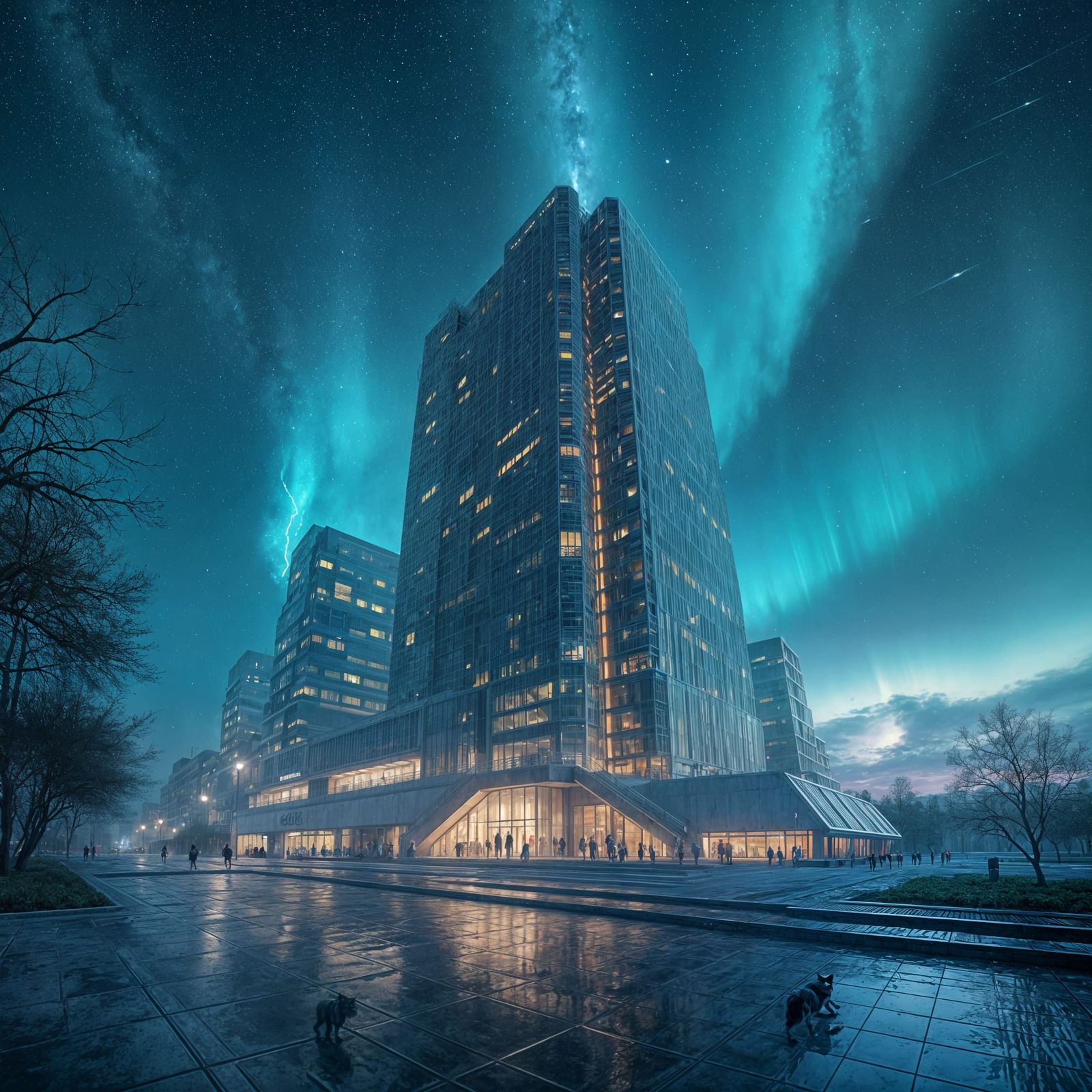 Futuristic Office Building Amidst Aurora Borealis - AI Art