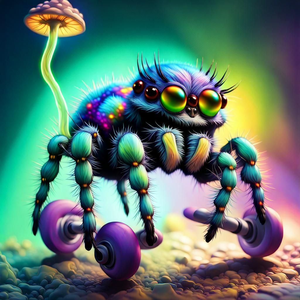 Bio luminous Rainbow Roller Skating Jumping Spider - AI Art