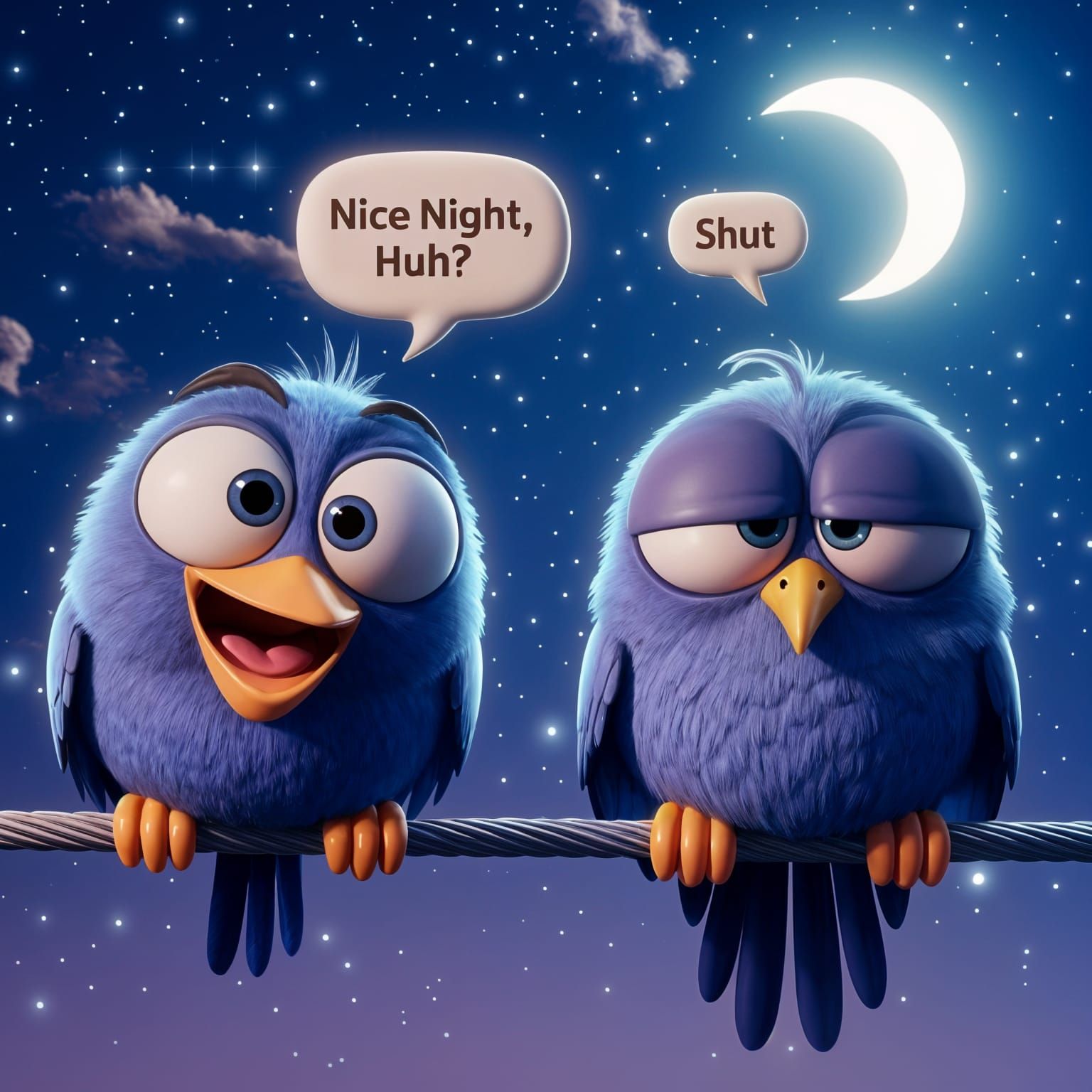 Please shush 🥱 - Goofy Bird and Tired Friend on a Starry Ni...
