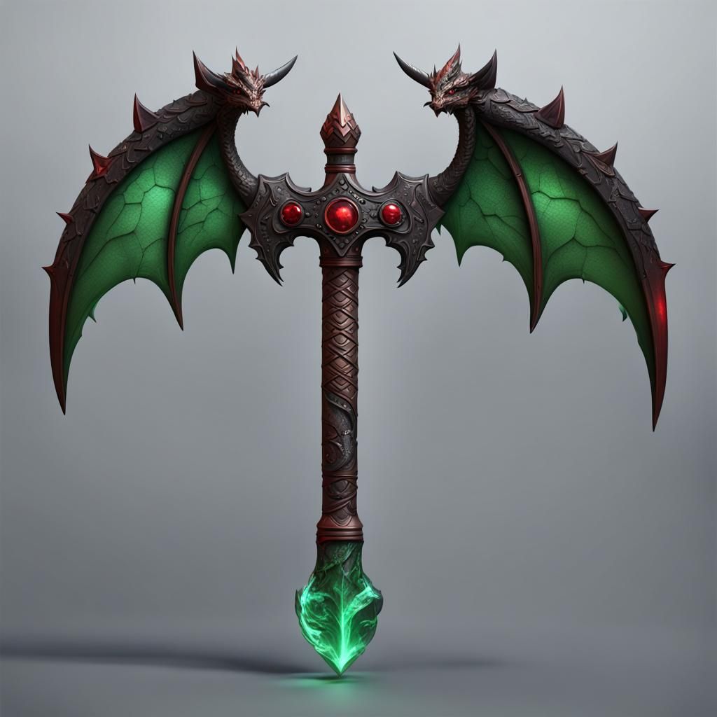 fantasy magical battle axe with green double blade shaped like dragon's wings and dragon scale ...