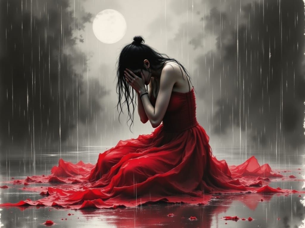 A lady in a flowing, drenched red gown, her face hidden in her hands ...