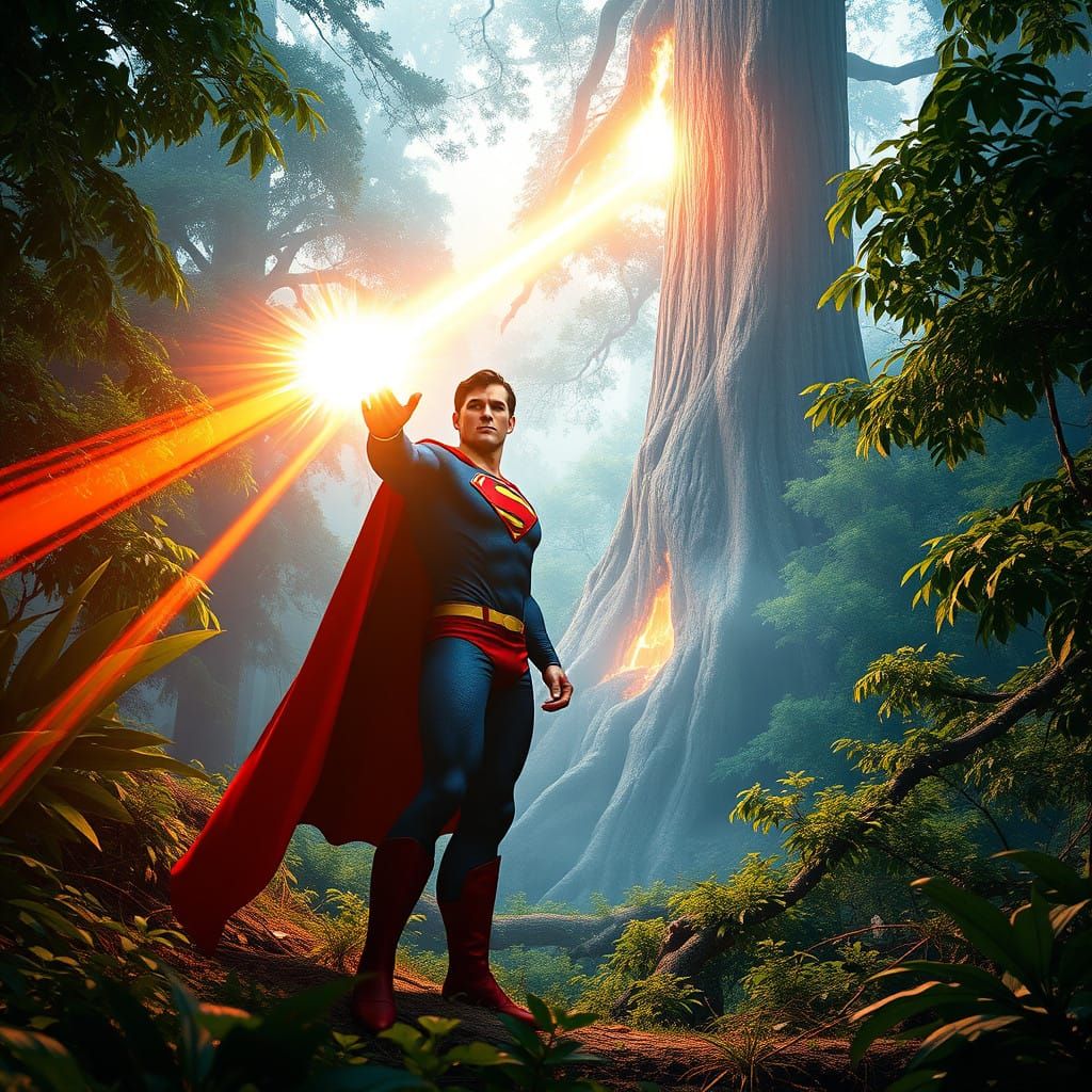 Superman Unleashes Laser Power in Vibrant Forest - AI Art