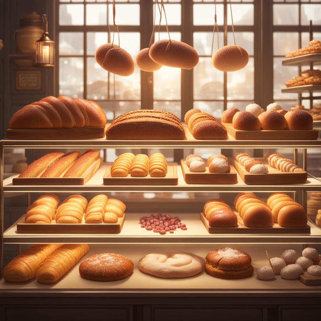 Luxurious bakery with all kinds of bakery deserts and breads balanced ...