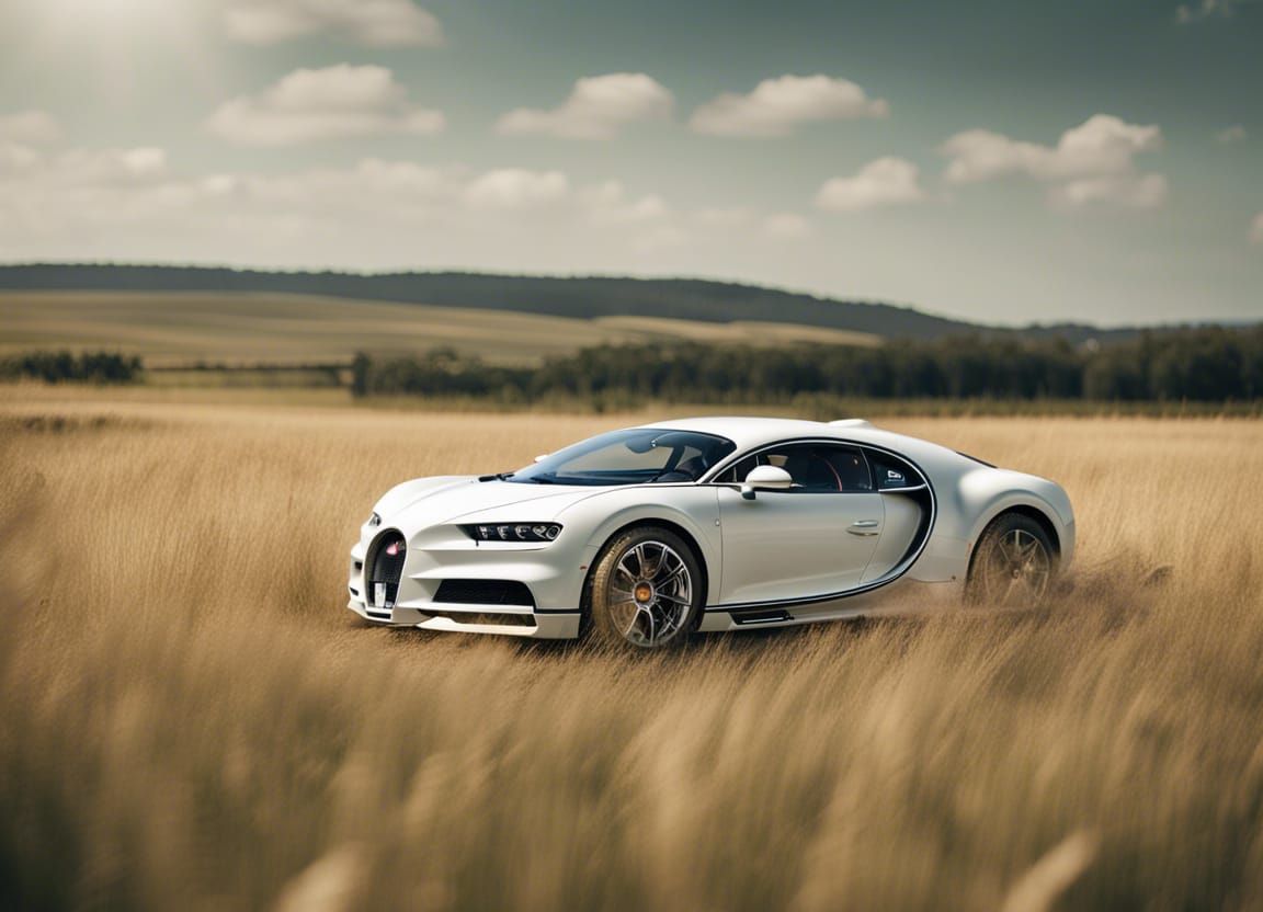 White Bugatti Chiron surrounded by grassy plains at noon, filmed with ...