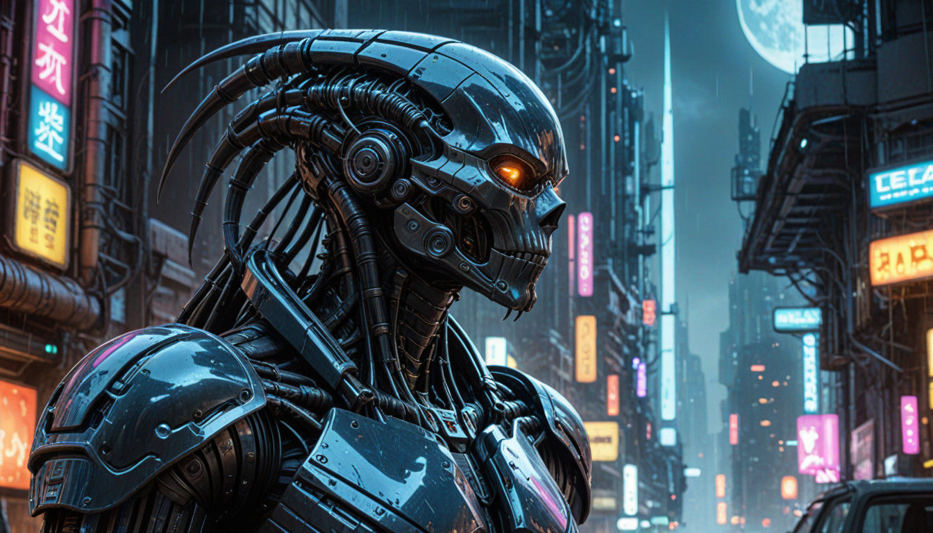 Cyberpunk Mutant Encounters Futuristic Cityscape i... - AI Art