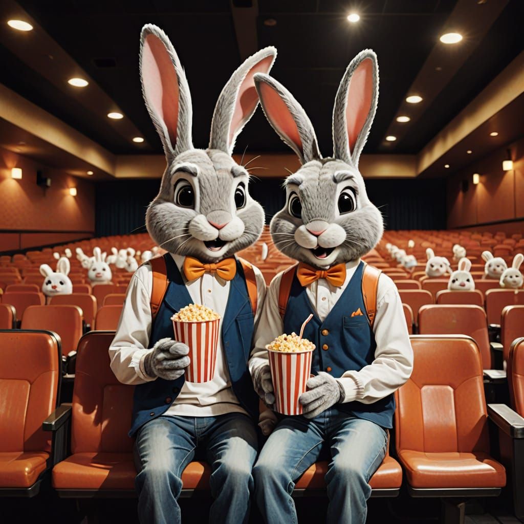 Anthropomorphic Bunnies at the movie theatre with a bucket of popcorn ...