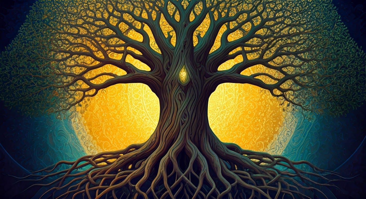Sacred Axis Mundi: A Vibrant World Tree Unites Hea... - AI Art