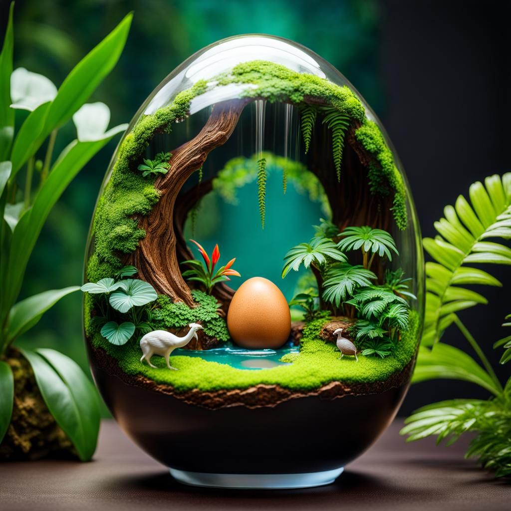 3D art of "a resin egg with a miniature rainforest ecosystem inside ...
