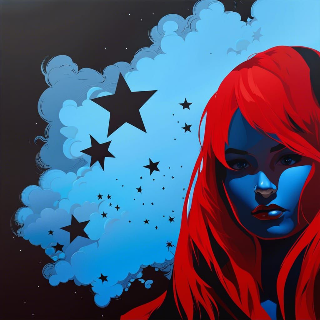 young woman silhouette, blue and red and black, soft lighting, gothic ...