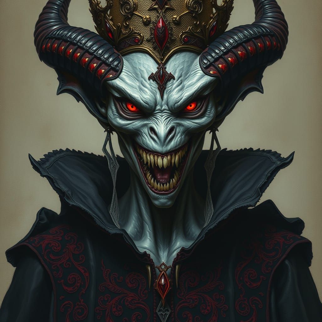 Demon Queen with glowing red eyes, gray skin and sharp shark-like teeth