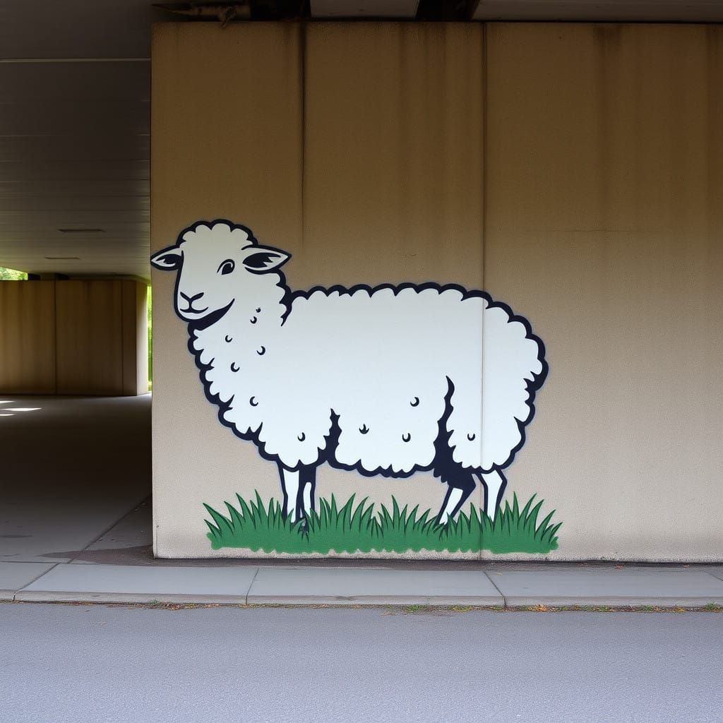 A cool white sheep graffiti with green grass, on the underpass wall.