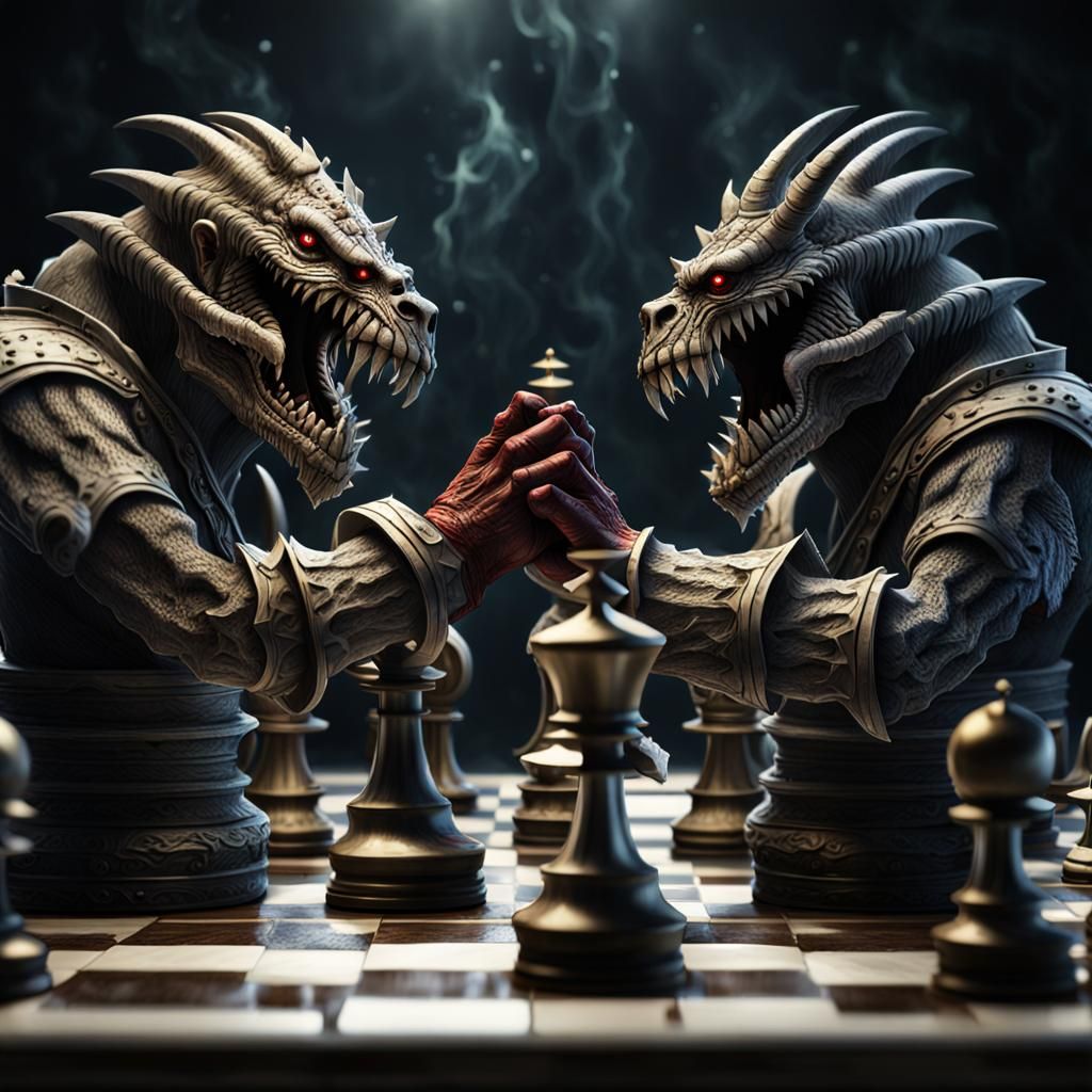 Fighting weird monster Chess pieces, fighting each other on a chess ...