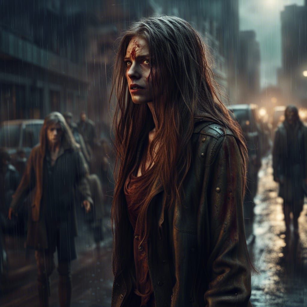 Zombies, apocalyptic Szene, women with long brown hair, rain, city - AI ...