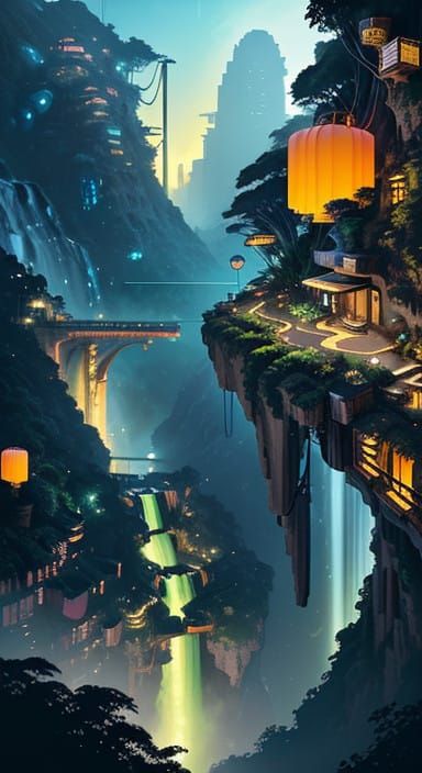 Solarpunk cliffside waterfall cityscape vibrant neon color tone