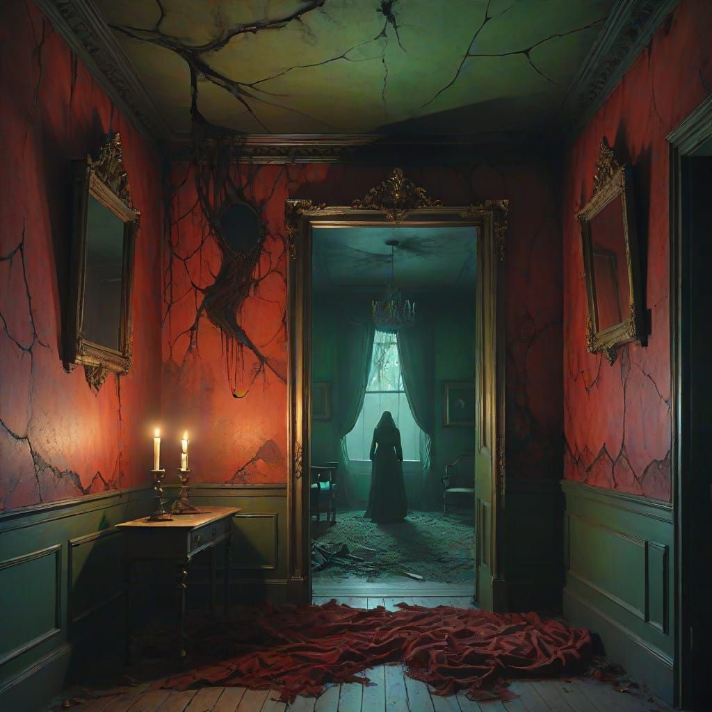 In the decrepit, Victorian mansion's depths, a ghostly, ethereal shadow ...