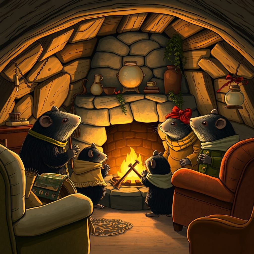 The Mole family - Cozy Mole Family Gathered Around a Whimsic...