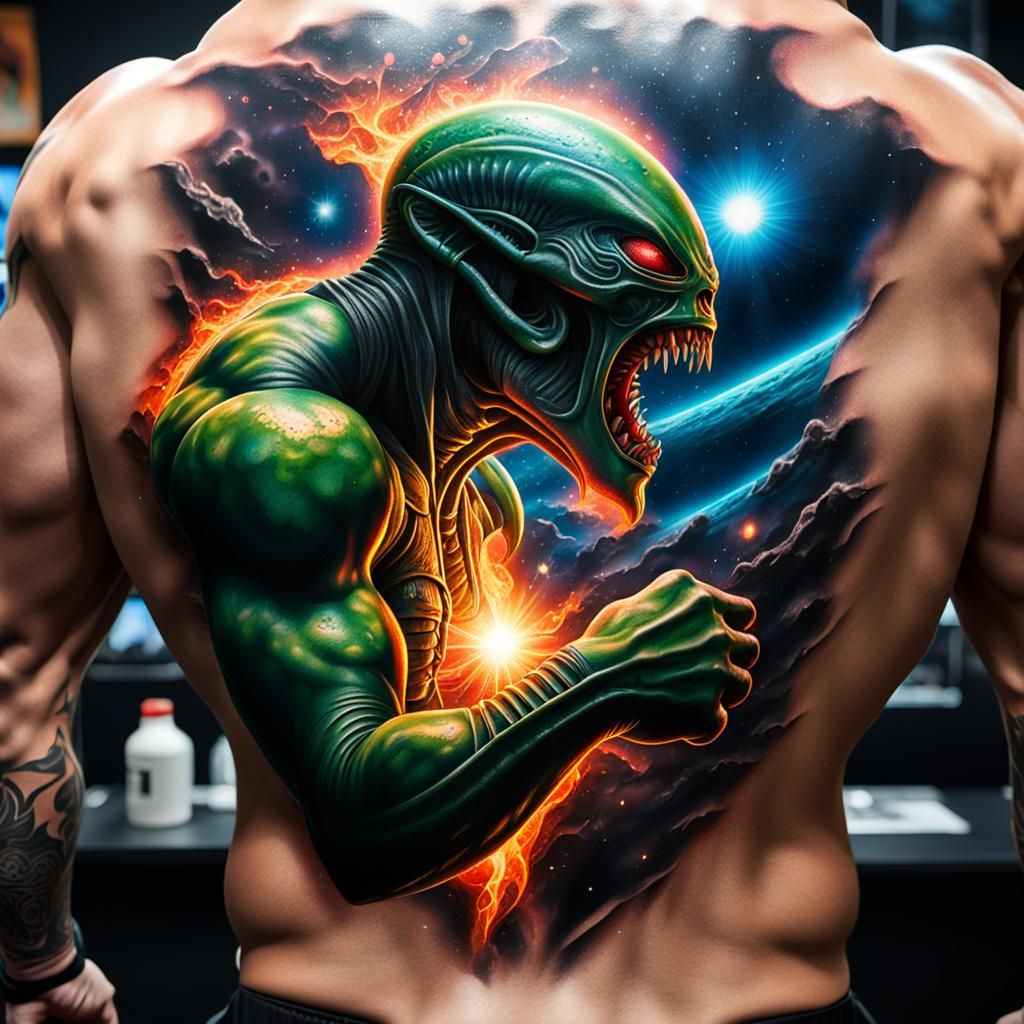 3D tattoo on wrestlers back of alien ripping through back breathing ...