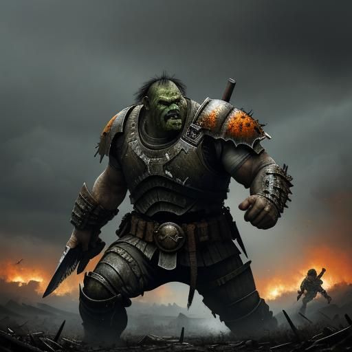 Ogre warriors in dystopian combat, gritty oil painting, fierce battle scene, high energy ...