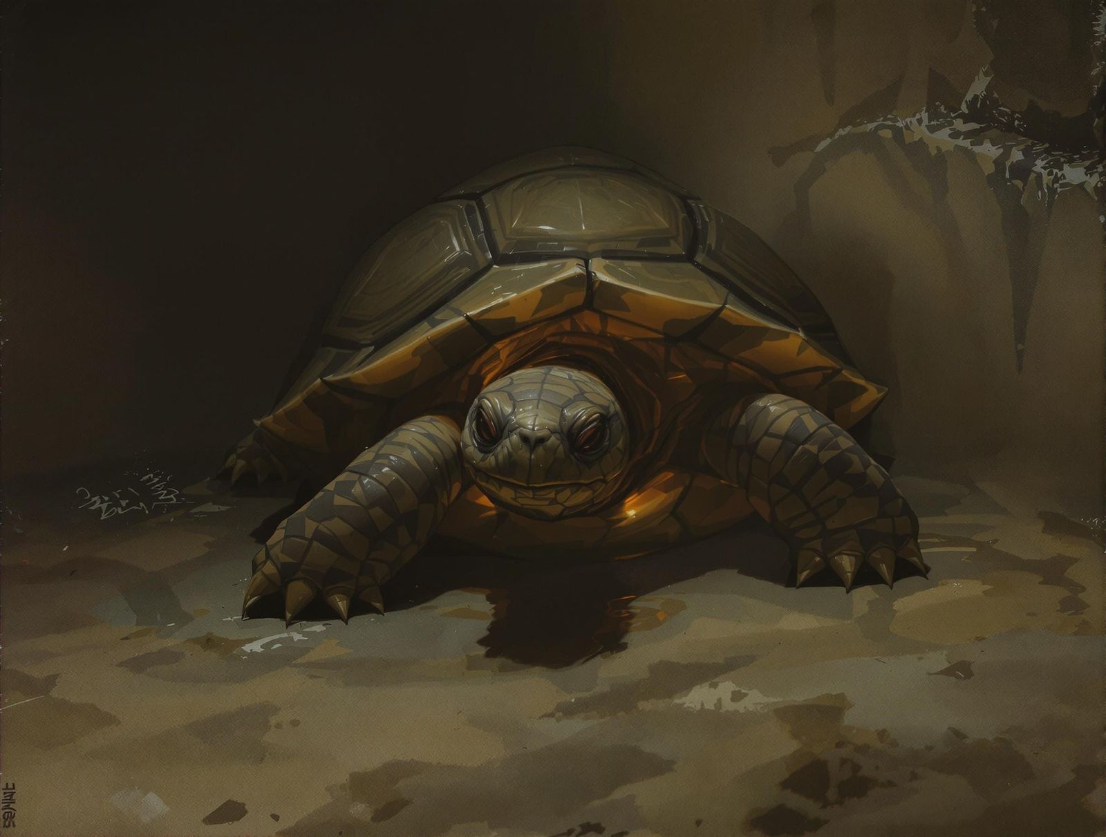 Turtle Hides in Shell Amidst Moody Shadows and Eth... - AI Art