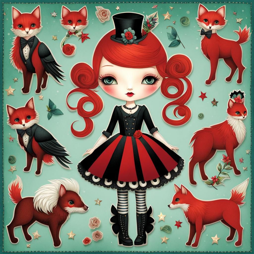 A pretty red haired punk paper doll, paper cut, party , confettis all ...