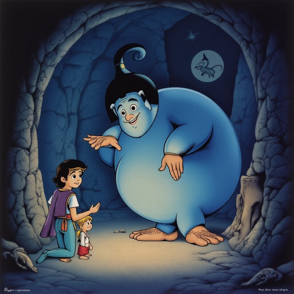 image of Aladdin and the genie, in the cave.
