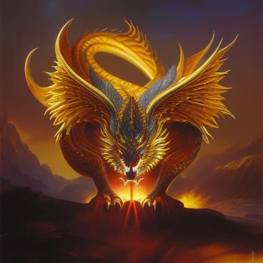 front shot portrait of a majestic dragon curled up and asleep on a pile ...