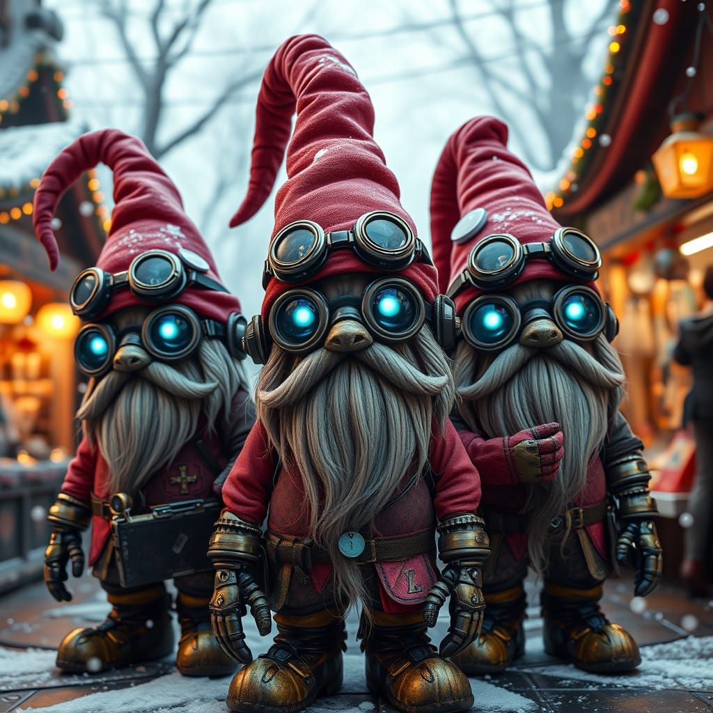 DMT machine gnomes shopping at a winter market