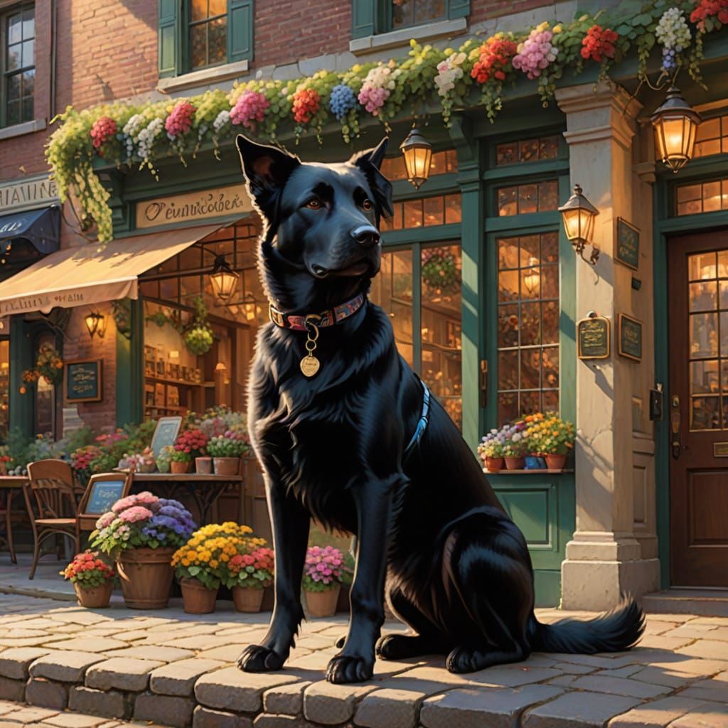 Majestic Black Dog in Whimsical Flower Shop Scene - AI Art