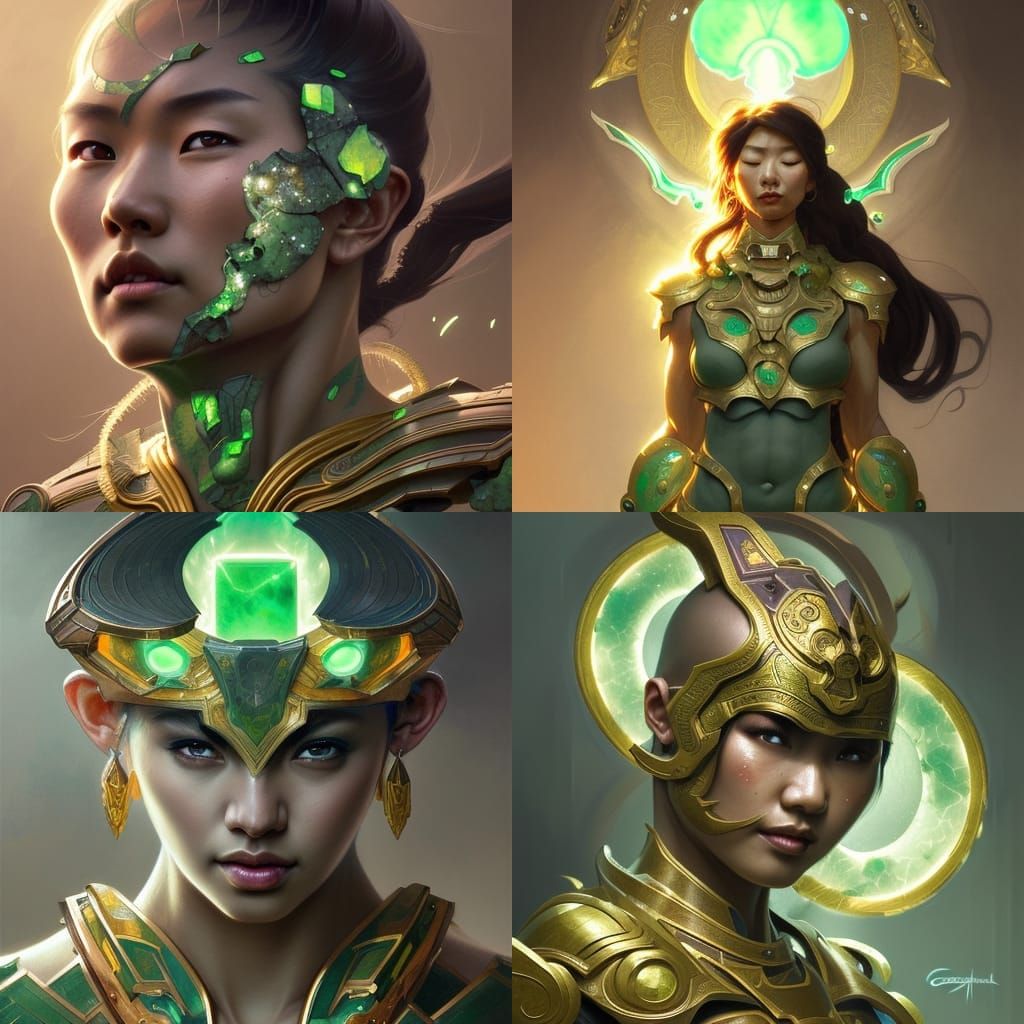 Asian , paladin, earth elemental, green jade stone skin, gold cracks ...