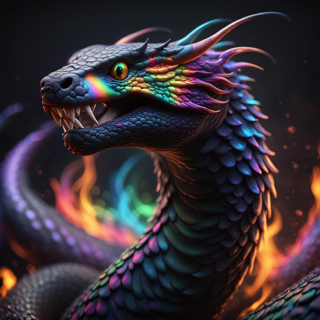 cobra viper, black and iridescent rainbow flames - AI Generated Artwork ...
