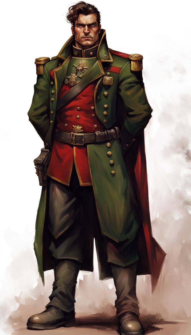 A male commissar from Warhammer 40K, with dark green clothes, a chest ...