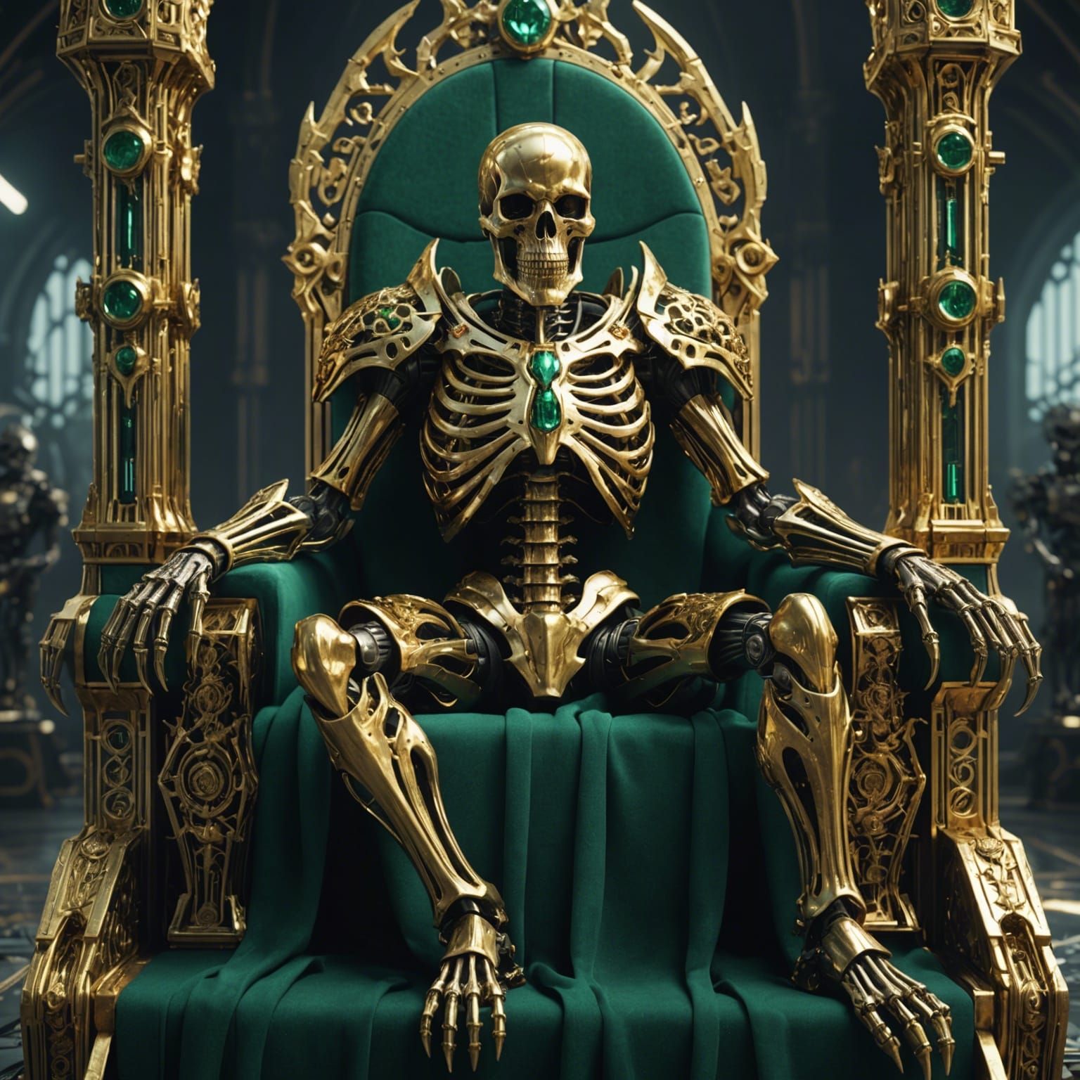 doomsday skeleton lord. sitting on gold and emerald throne. female ...