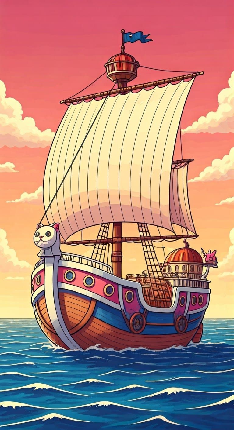 Vibrant One Piece Sailboat with Pink Cat at the Bo... - AI Art