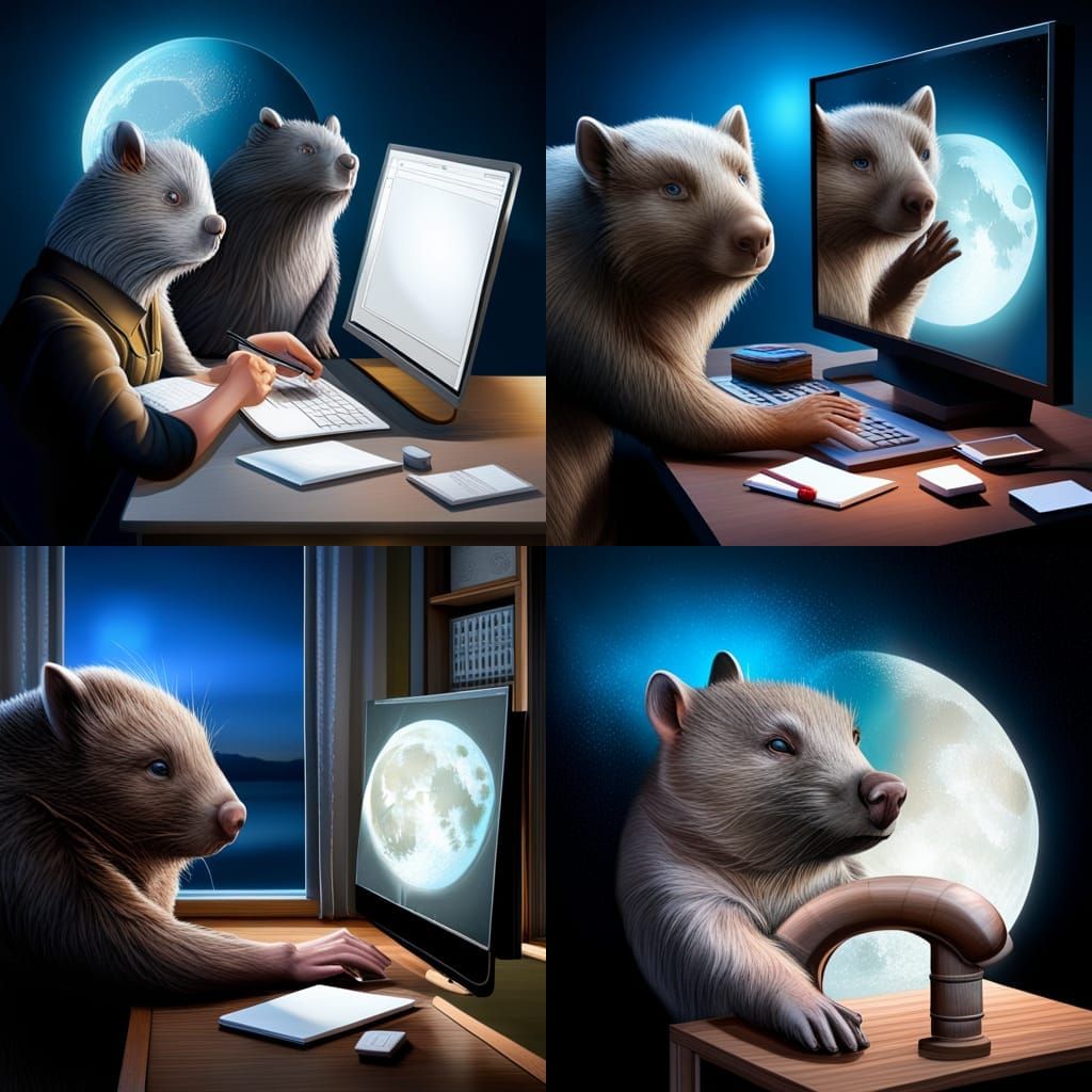 A wombat making art on a computer at night , full moon, 8k resolution ...