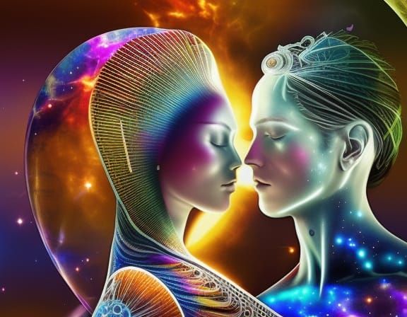 One cosmic energy field dividing into two human bodies, male and female ...