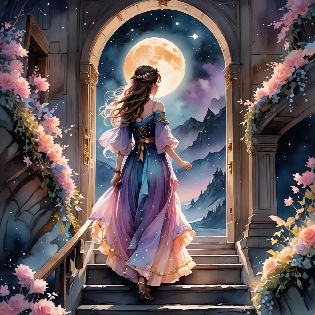 A far back view of beautiful princess walking up a never ending ...