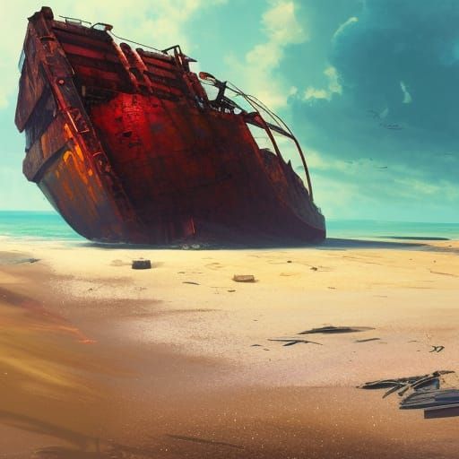 A big rusty cargo ship abandoned on the beach - AI Generated Artwork ...
