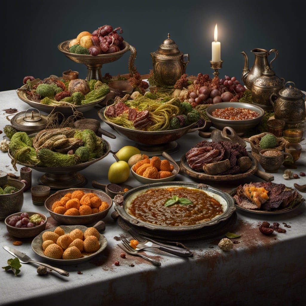 a photograph portrait of a table adorned with rotted and moldy foods ...