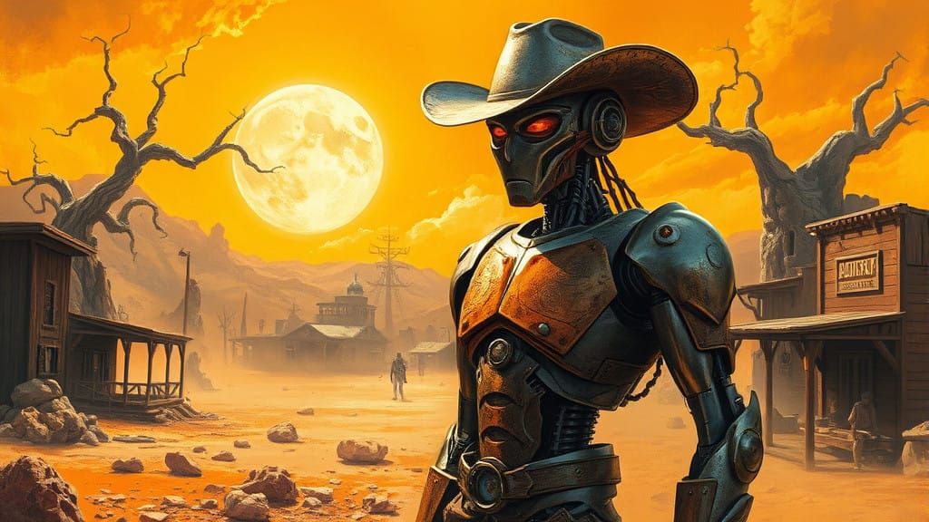 Rebel Android Standing Tall in Dystopian Wild West - AI Art